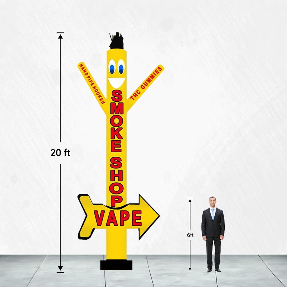 20ft Vape Smoke Shop Air Inflatable Tube Man Dancer with Arrow | Eye-Catching Hookah Hand Pipes Sky Wacky Waving Ultimate Brand Visibility | Both Side Printed Yellow | Cmpt. 18-inch (Without Blowers)