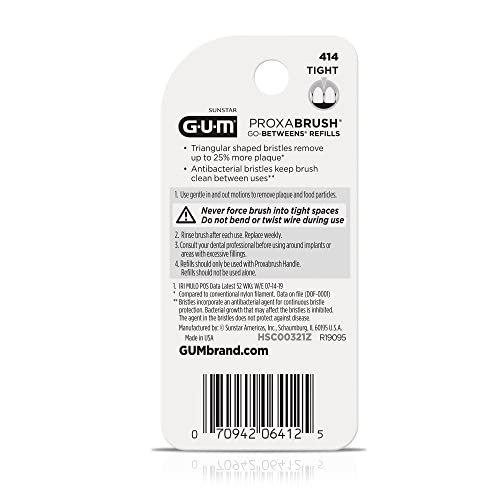GUM Proxabrush Go-Betweens Refills - Tight - Compatible with GUM Permanent Handle -Reusable Interdental Brushes for Tight Teeth - Soft Bristled Dental Picks, 8ct