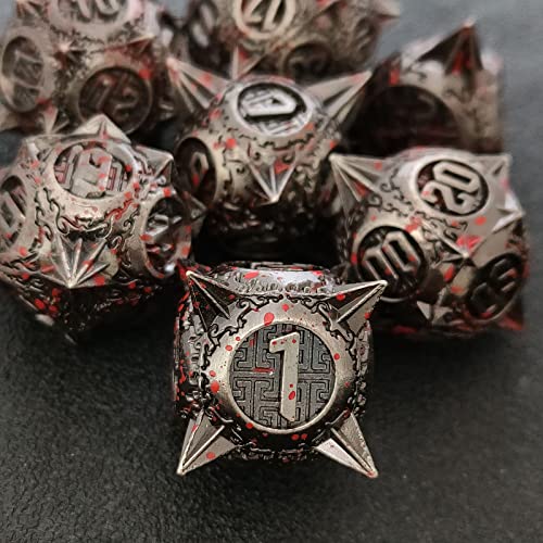 Metal DND Dice Set, Round Tip Dice 7 Polyhedral Dice, Mtg Pathfinder D20 Set for Rpg Roleplaying Dice Game D20 Free Leather Storage Bag Bloodstains
