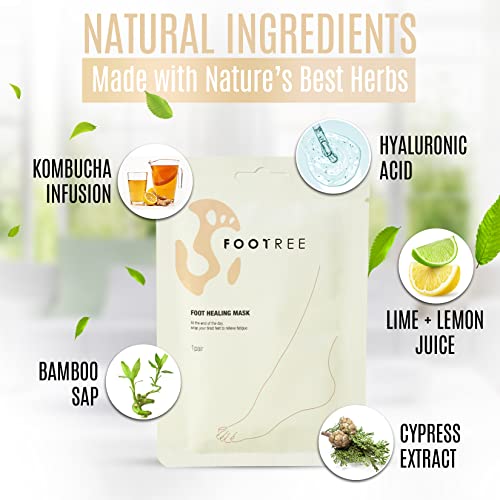 FOOTREE Moisturizing Foot Mask Socks Hydrating Anti-Fatigue Stress Relief Self Care Pedicure Sockies 5 Pair Pack Healing Feet Booties with Exfoliating Kombucha, Energizing Citrus, Natural Bamboo