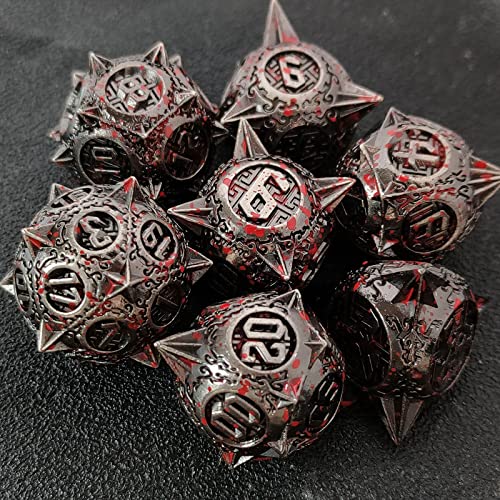 Metal DND Dice Set, Round Tip Dice 7 Polyhedral Dice, Mtg Pathfinder D20 Set for Rpg Roleplaying Dice Game D20 Free Leather Storage Bag Bloodstains