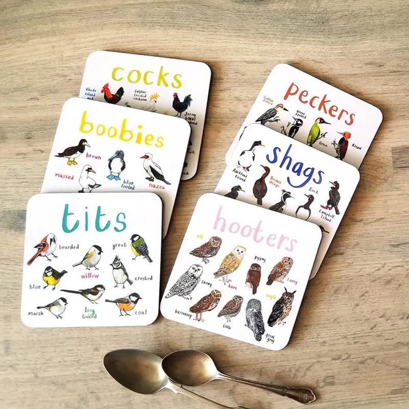 Set of 6 Bird Pun Coasters for Drinks,Square Coaster Set for Cups Home Kitchen Funny Coasters Set Table with Non-Slip Decor Gift Idea for Bird Lover Friends Bar Housewarming Gift Coffee