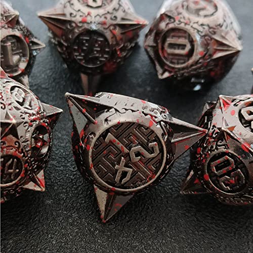 Metal DND Dice Set, Round Tip Dice 7 Polyhedral Dice, Mtg Pathfinder D20 Set for Rpg Roleplaying Dice Game D20 Free Leather Storage Bag Bloodstains