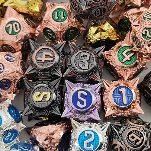 Metal DND Dice Set, Round Tip Dice 7 Polyhedral Dice, Mtg Pathfinder D20 Set for Rpg Roleplaying Dice Game D20 Free Leather Storage Bag Bloodstains