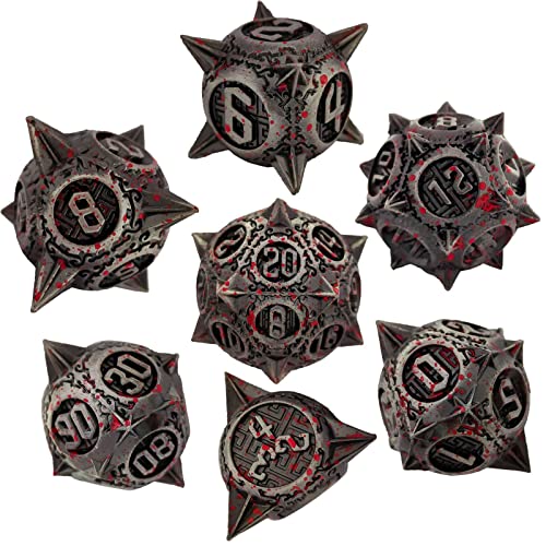 Metal DND Dice Set, Round Tip Dice 7 Polyhedral Dice, Mtg Pathfinder D20 Set for Rpg Roleplaying Dice Game D20 Free Leather Storage Bag Bloodstains