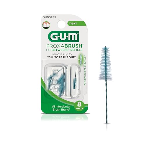 GUM Proxabrush Go-Betweens Refills - Tight - Compatible with GUM Permanent Handle -Reusable Interdental Brushes for Tight Teeth - Soft Bristled Dental Picks, 8ct