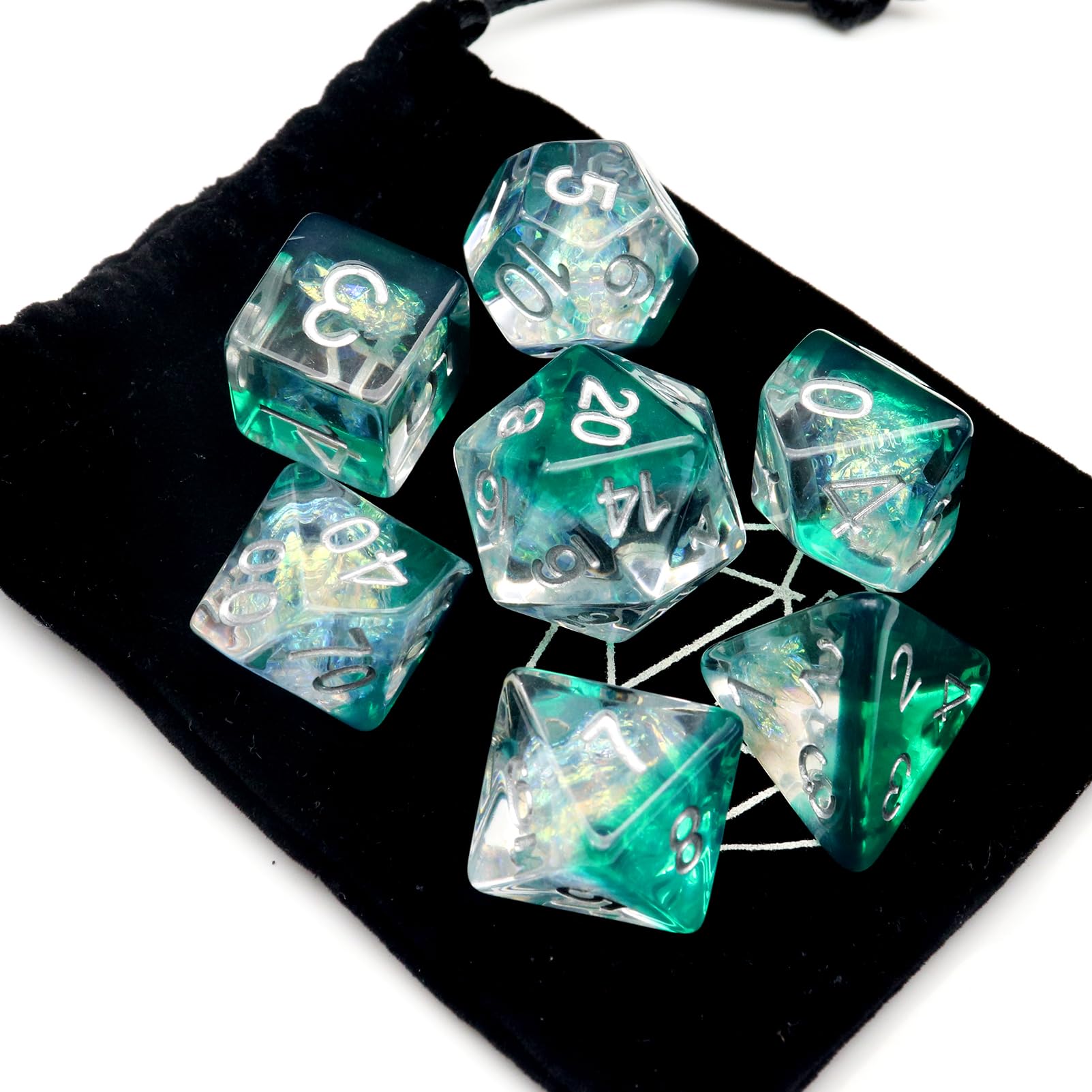 Haxtec Resin DND Dice Set 7PCS Green Clear Mylar Galaxy Polyhedral D&D Dice for Roleplaying Dice Games as Dungeons and Dragons