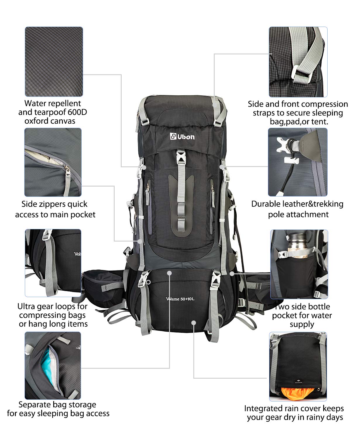 Ubon 60L Camping Backpack Lightweight Internal Frame Hiking Backpack Black