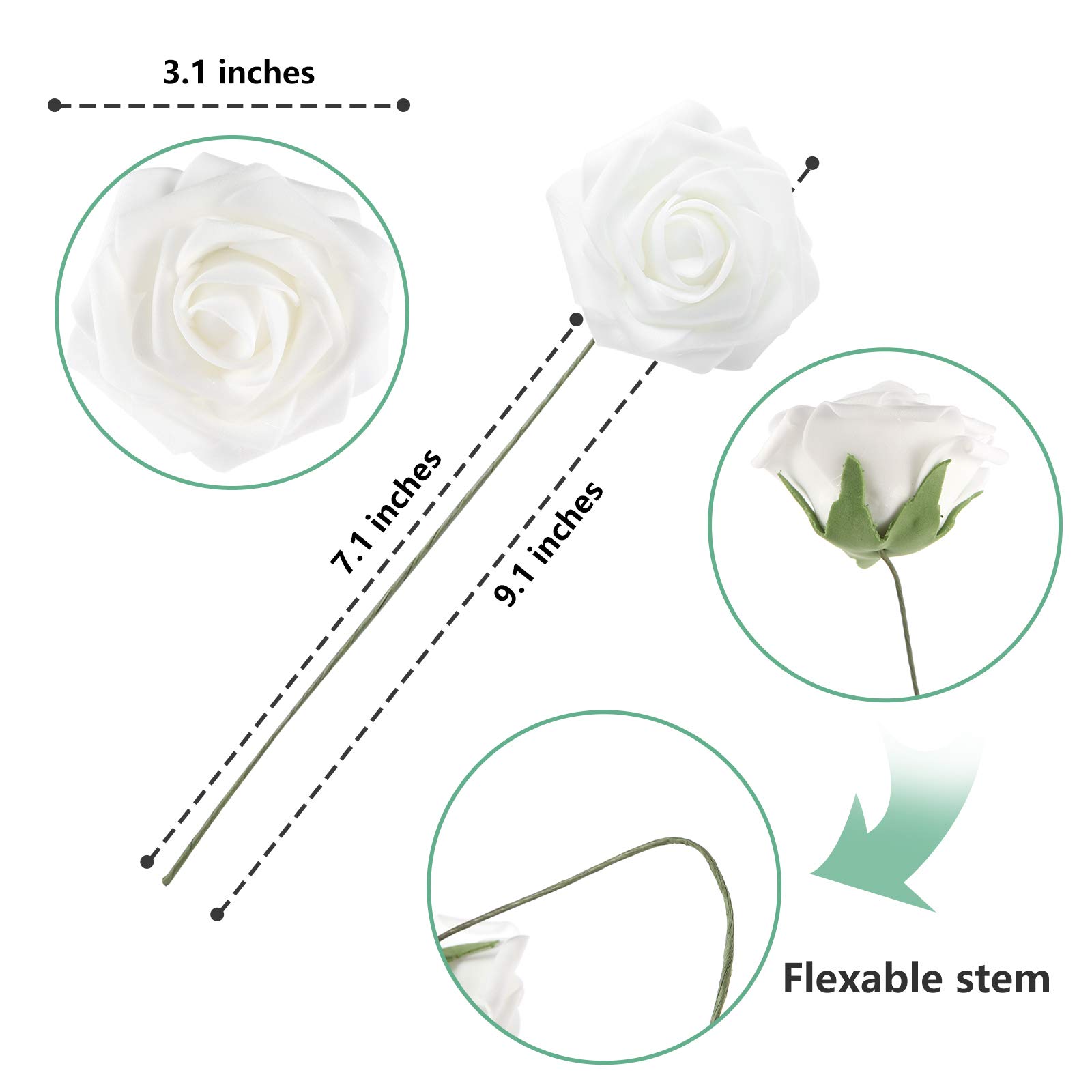 EZFLOWERY Artificial Roses Flowers 25pcs Real Looking Fake Roses w/Stem for DIY Wedding Bouquets Centerpieces Arrangements Bridal Shower Party Home Decorations (White)