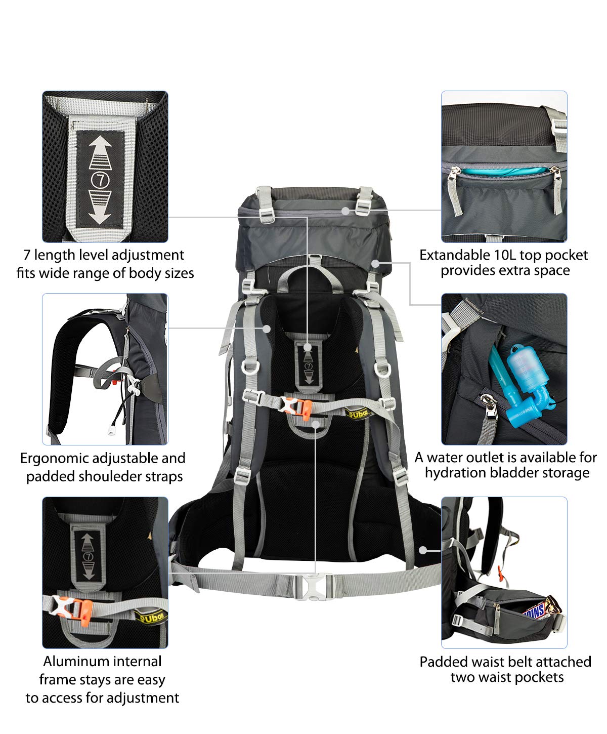 Ubon 60L Camping Backpack Lightweight Internal Frame Hiking Backpack Black