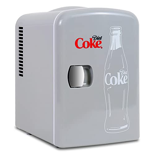 Coca-Cola Diet Coke 4L Portable Cooler/Warmer, Compact Personal Travel Fridge for Snacks Lunch Drinks Cosmetics, Includes 12V and AC Cords, Cute Desk Accessory for Home Office Dorm Travel, Grey