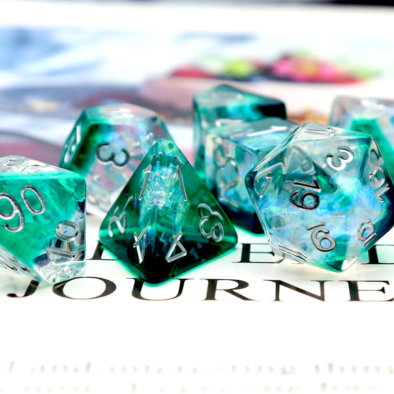 Haxtec Resin DND Dice Set 7PCS Green Clear Mylar Galaxy Polyhedral D&D Dice for Roleplaying Dice Games as Dungeons and Dragons