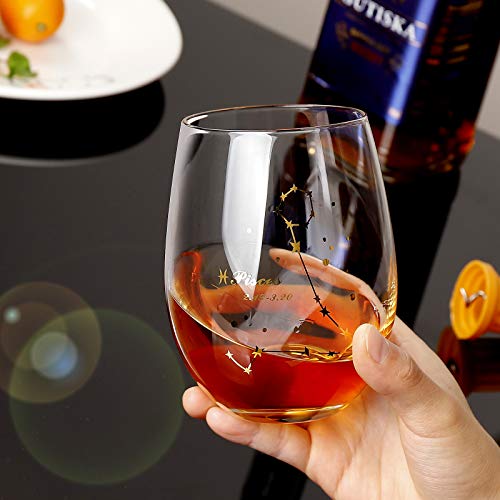 Pisces Wine Glass Pisces Gift 20oz Golden, Stemless Wine Glasses, Constellation Glass Define Design, Horoscope Gift, Astrology Gift for Women Men