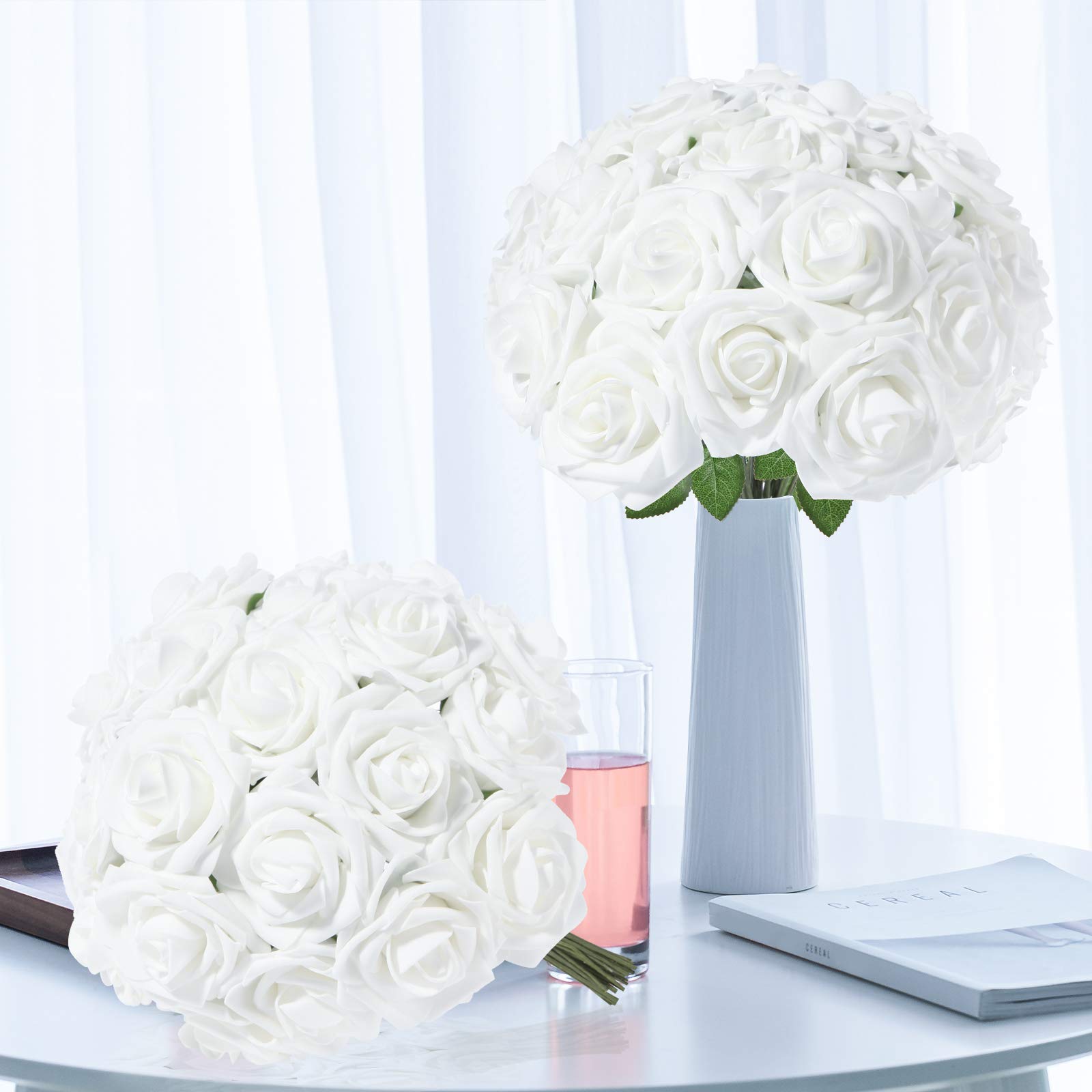 EZFLOWERY Artificial Roses Flowers 25pcs Real Looking Fake Roses w/Stem for DIY Wedding Bouquets Centerpieces Arrangements Bridal Shower Party Home Decorations (White)