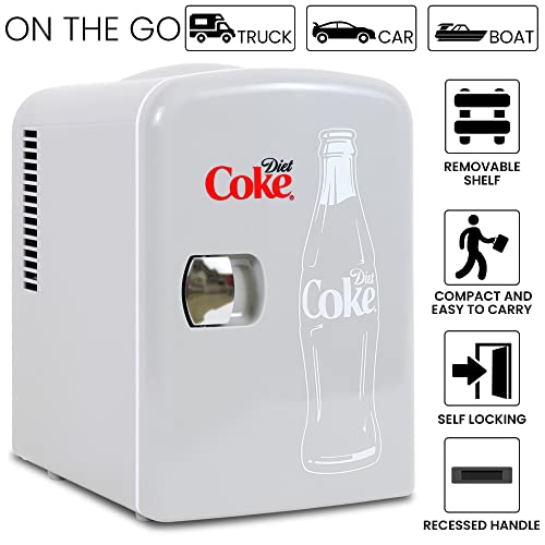 Coca-Cola Diet Coke 4L Portable Cooler/Warmer, Compact Personal Travel Fridge for Snacks Lunch Drinks Cosmetics, Includes 12V and AC Cords, Cute Desk Accessory for Home Office Dorm Travel, Grey