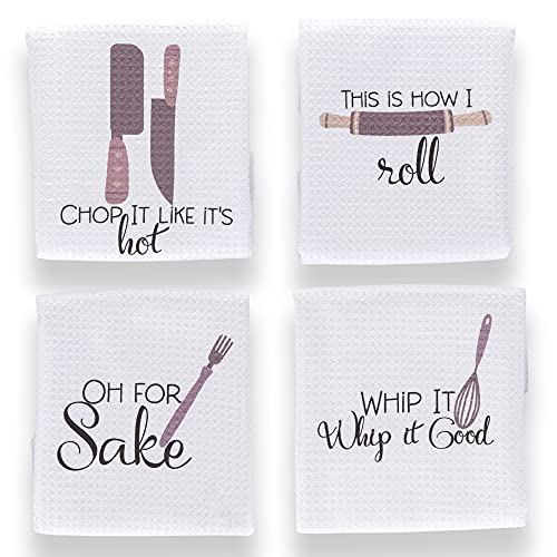 Aller Home & Kitchen Funny Kitchen Towels with Sayings. 4pc Kitchen Towel Set, Fun Pun Gadget Design - Waffle Weave Towel, Decorative Funny Dish Towels for Mom. Cute Kitchen Towels for Gifts