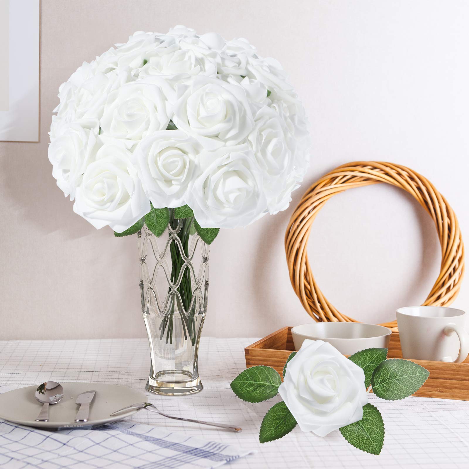 EZFLOWERY Artificial Roses Flowers 25pcs Real Looking Fake Roses w/Stem for DIY Wedding Bouquets Centerpieces Arrangements Bridal Shower Party Home Decorations (White)