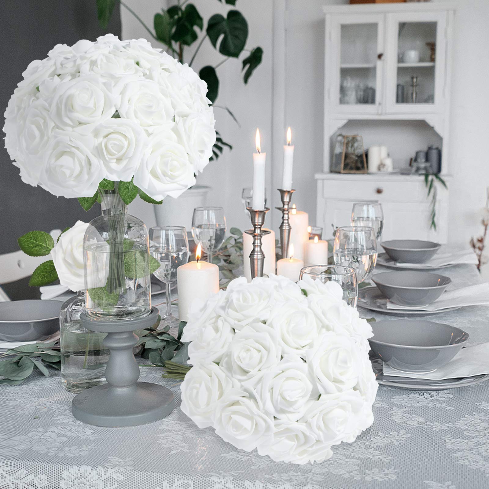 EZFLOWERY Artificial Roses Flowers 25pcs Real Looking Fake Roses w/Stem for DIY Wedding Bouquets Centerpieces Arrangements Bridal Shower Party Home Decorations (White)