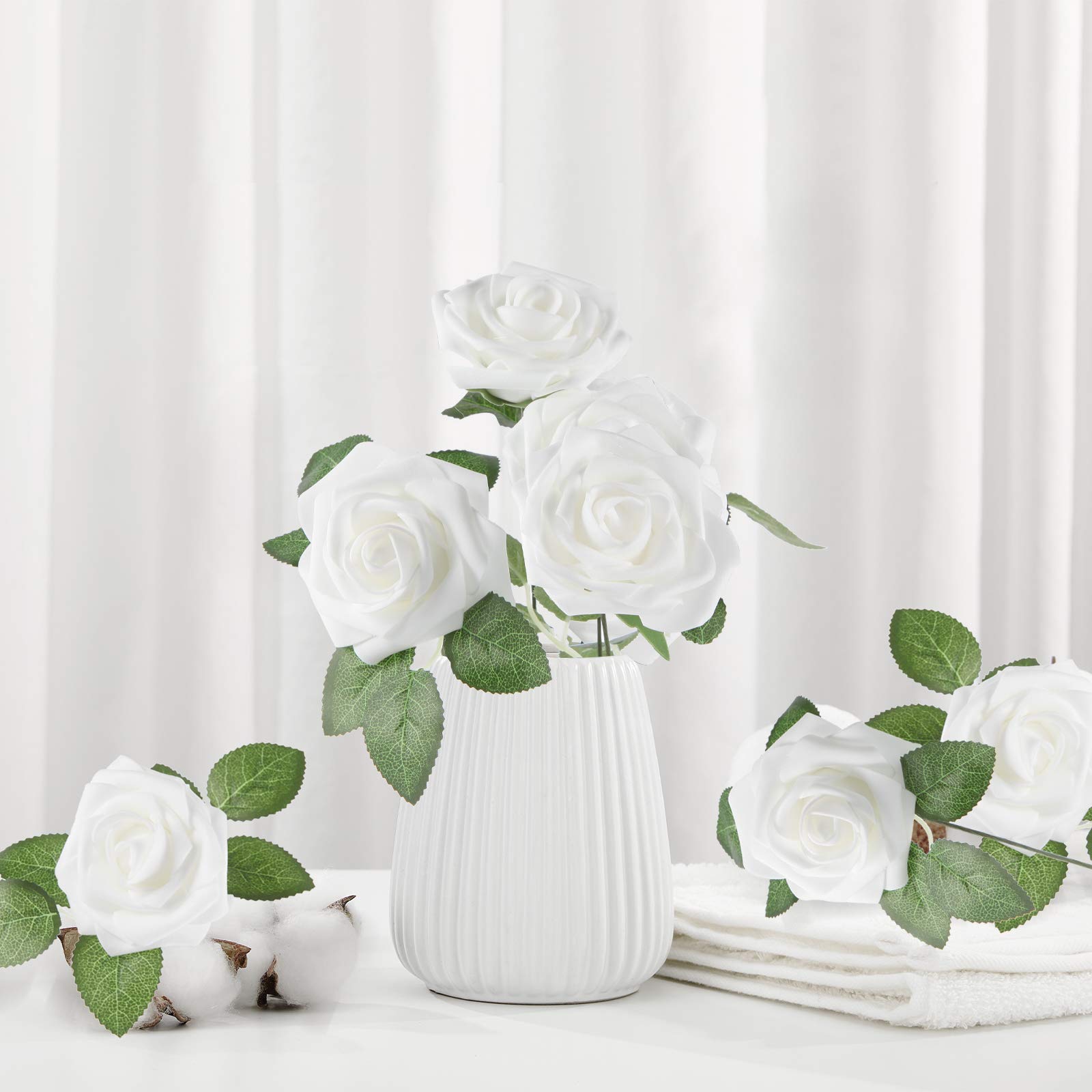 EZFLOWERY Artificial Roses Flowers 25pcs Real Looking Fake Roses w/Stem for DIY Wedding Bouquets Centerpieces Arrangements Bridal Shower Party Home Decorations (White)