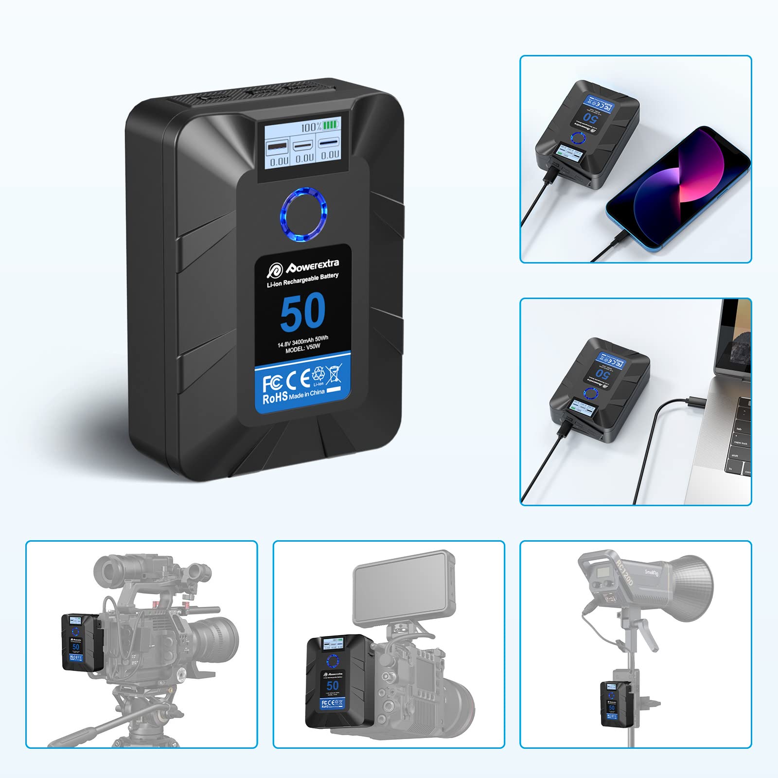 Powerextra V Mount Battery V Lock Battery 50Wh with LCD Screen D-Tap USB-A USB-C Ports Compatible with Broadcast Video Camcorder Sony HDCAM XDCAM Digital Cinema Cameras