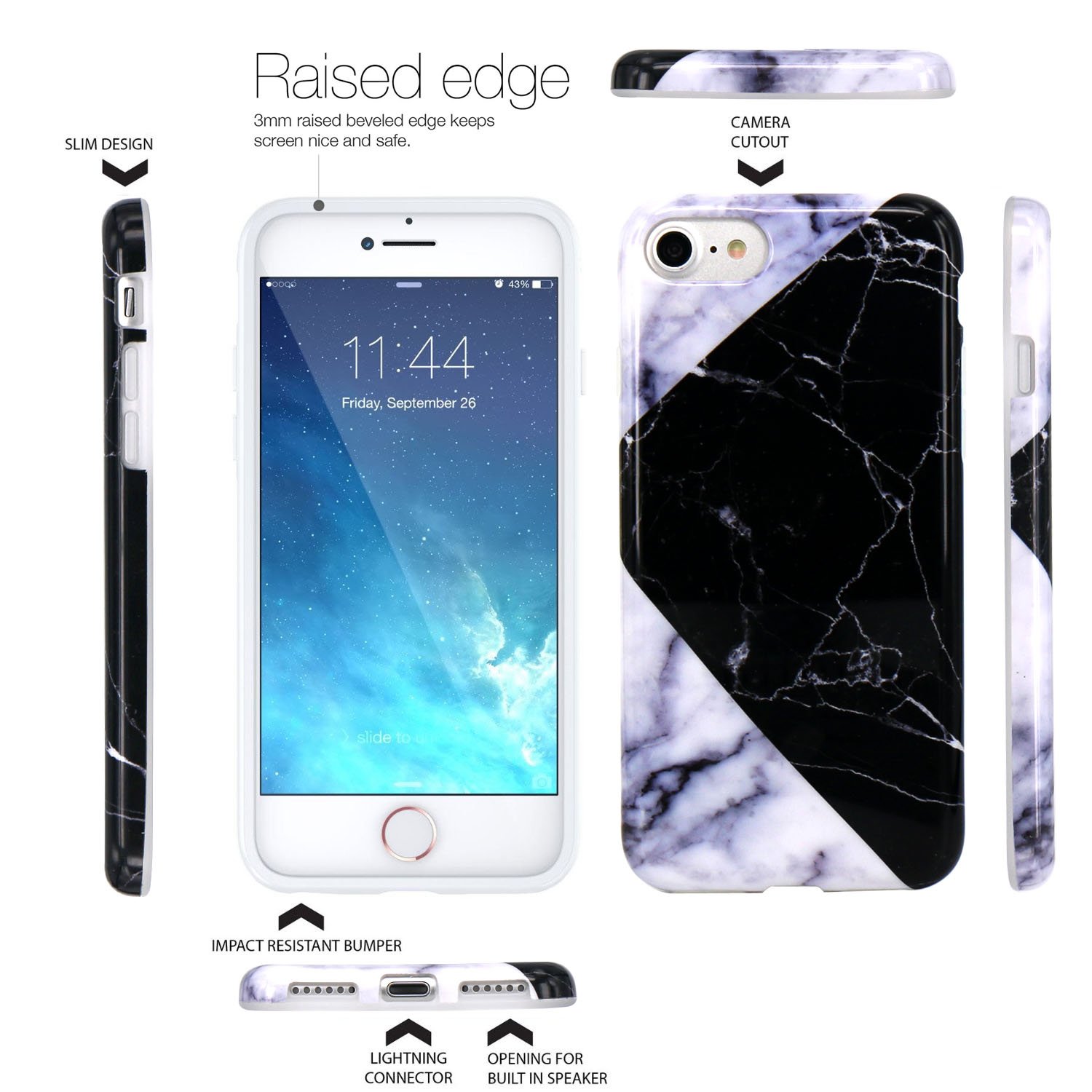 iPhone 7 Case, iPhone 8 Case, JAHOLAN White Black Geometric Marble Design Slim Shockproof Flexible Glossy TPU Soft Case Rubber Silicone Cover for Apple iPhone 7 / iPhone 8