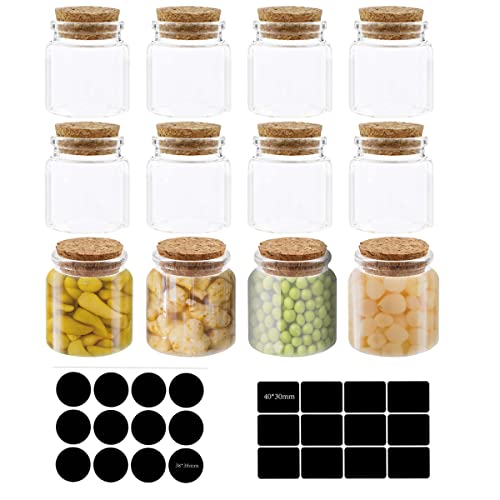 IMMTTYY 12Pack 2OZ Cork Stopper Glass Bottles,Mini Wide Mouth Mason Jar Shot Glasses,Perfect for home bar, man cave or she shed Great stocking stuffer,Favor Jars for Honey,Mousse with 24 Labels