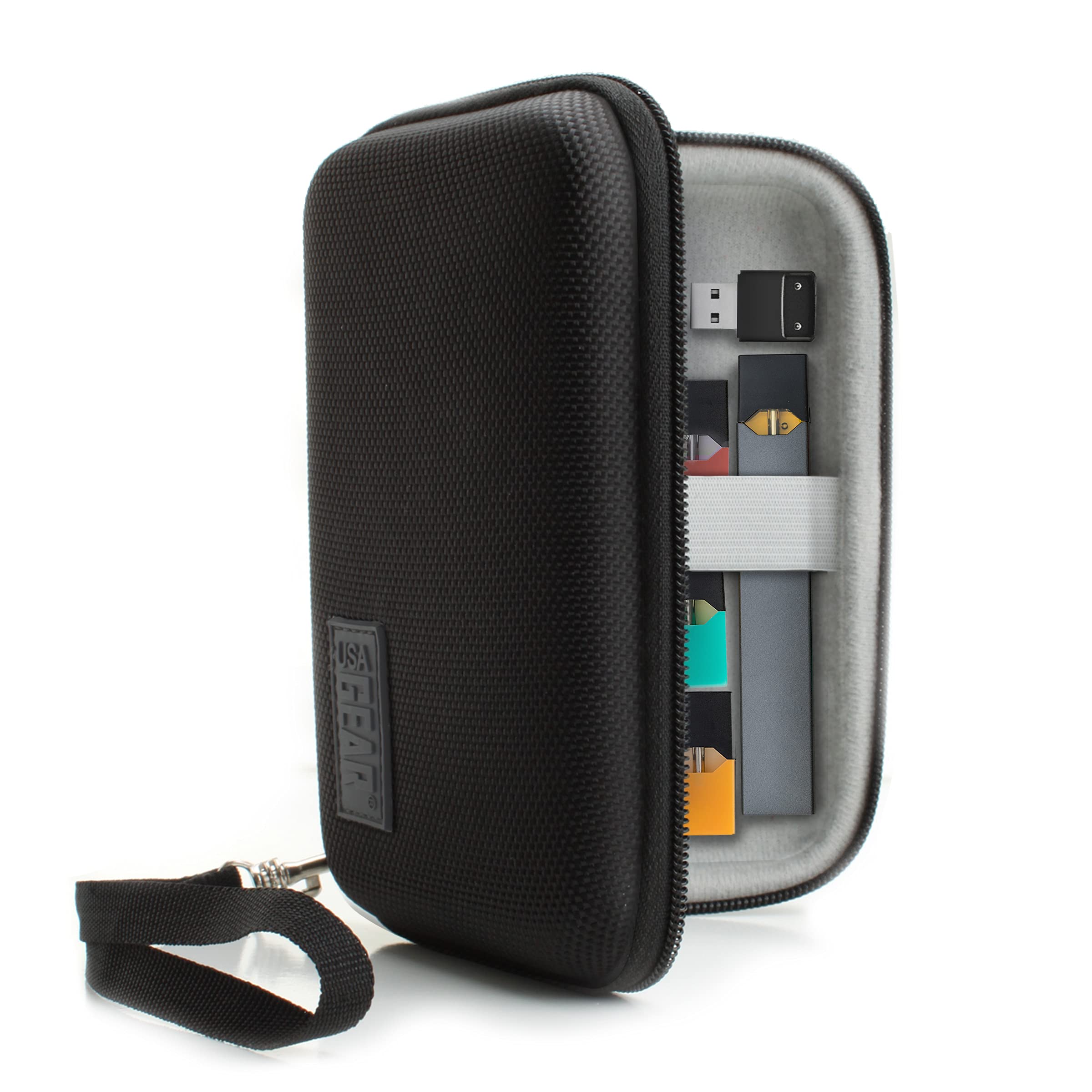 USA GEAR Vape Case - Vape Pen Case with eCigarette and Pod Travel Storage - Water Resistant, Wrist Strap, Compact Design, Hard Shell Exterior - Compatible with Vape Pens and More - Black (Case Only)