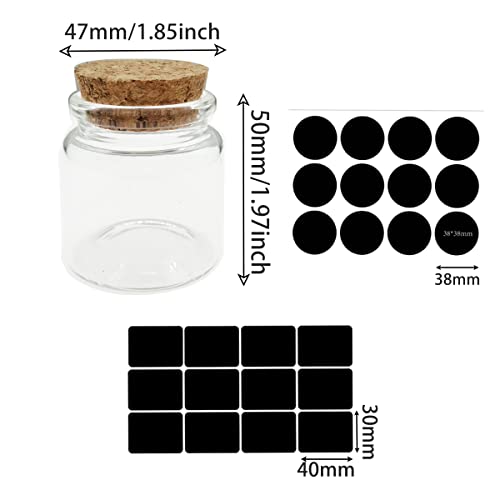 IMMTTYY 12Pack 2OZ Cork Stopper Glass Bottles,Mini Wide Mouth Mason Jar Shot Glasses,Perfect for home bar, man cave or she shed Great stocking stuffer,Favor Jars for Honey,Mousse with 24 Labels