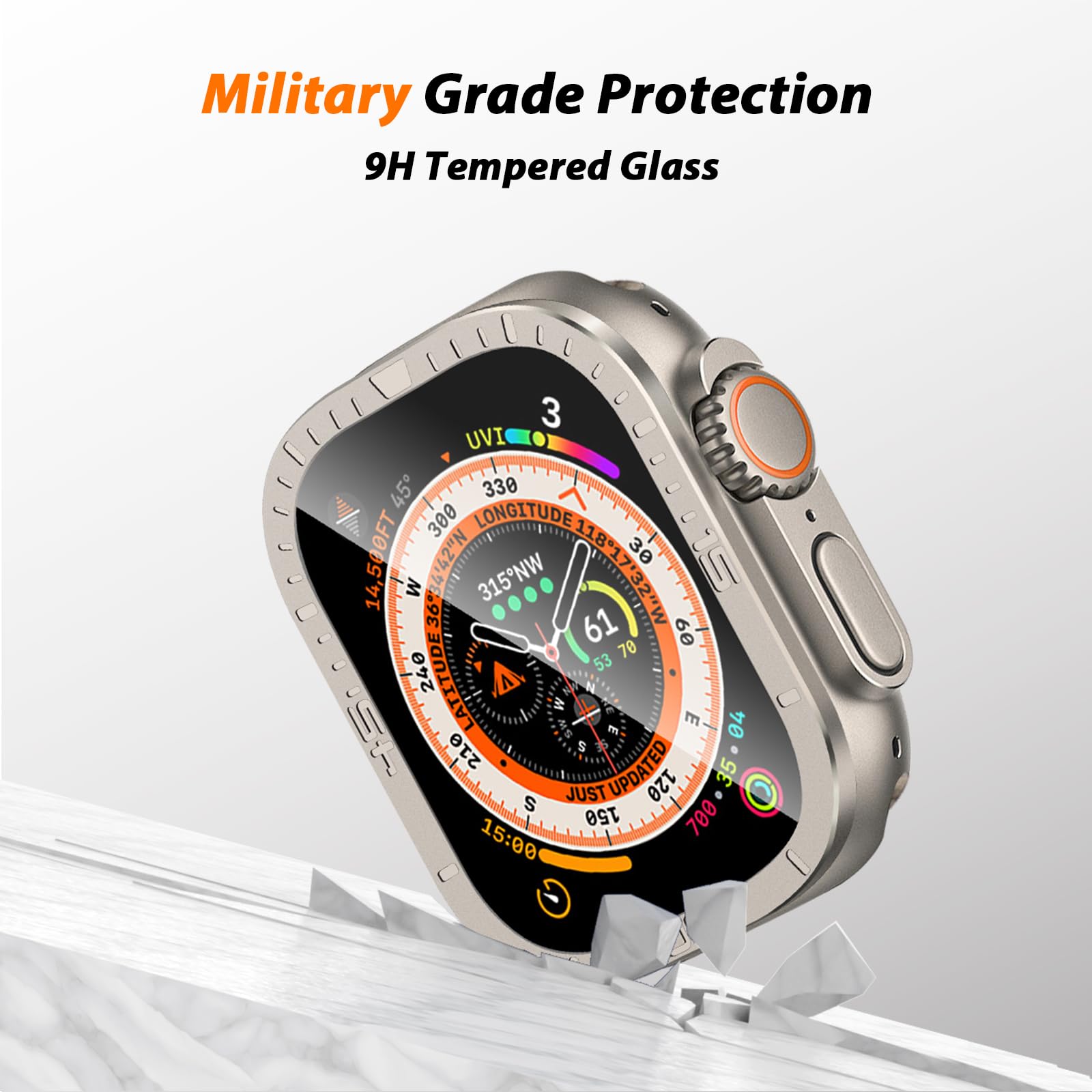 Amizee 2 Pack Metal Case Compatible with Apple Watch Ultra/Ultra 2 Screen Protector Case 49mm with Tempered Glass, Metal Frame Built in HD Glass Protective Cover for iWatch 49mm (B-Numeric Titanium)