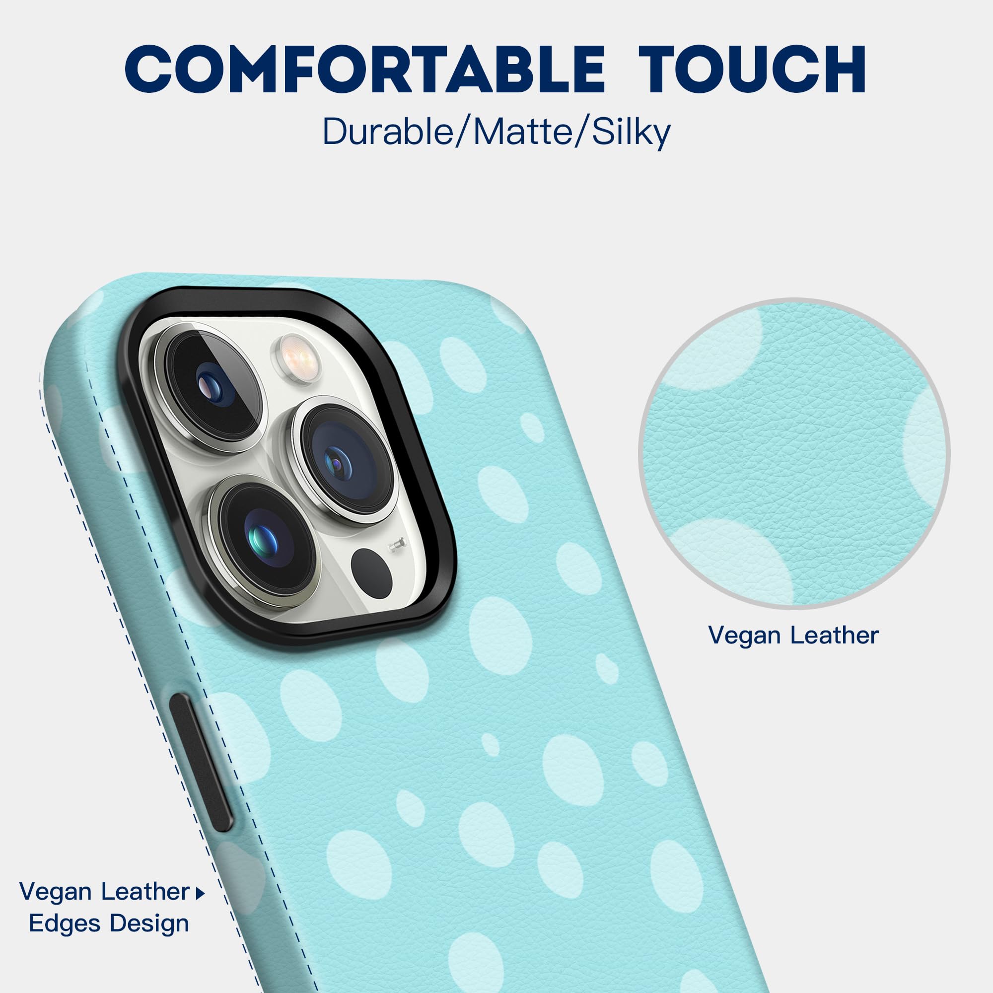 kingflag Vegan Leather Magnetic Case for iPhone 15 Pro Max Wireless Charging, Metal Buttons, Shockproof Protective Phone Case Cover for Women Men 6.7" (Teal with White Dots)