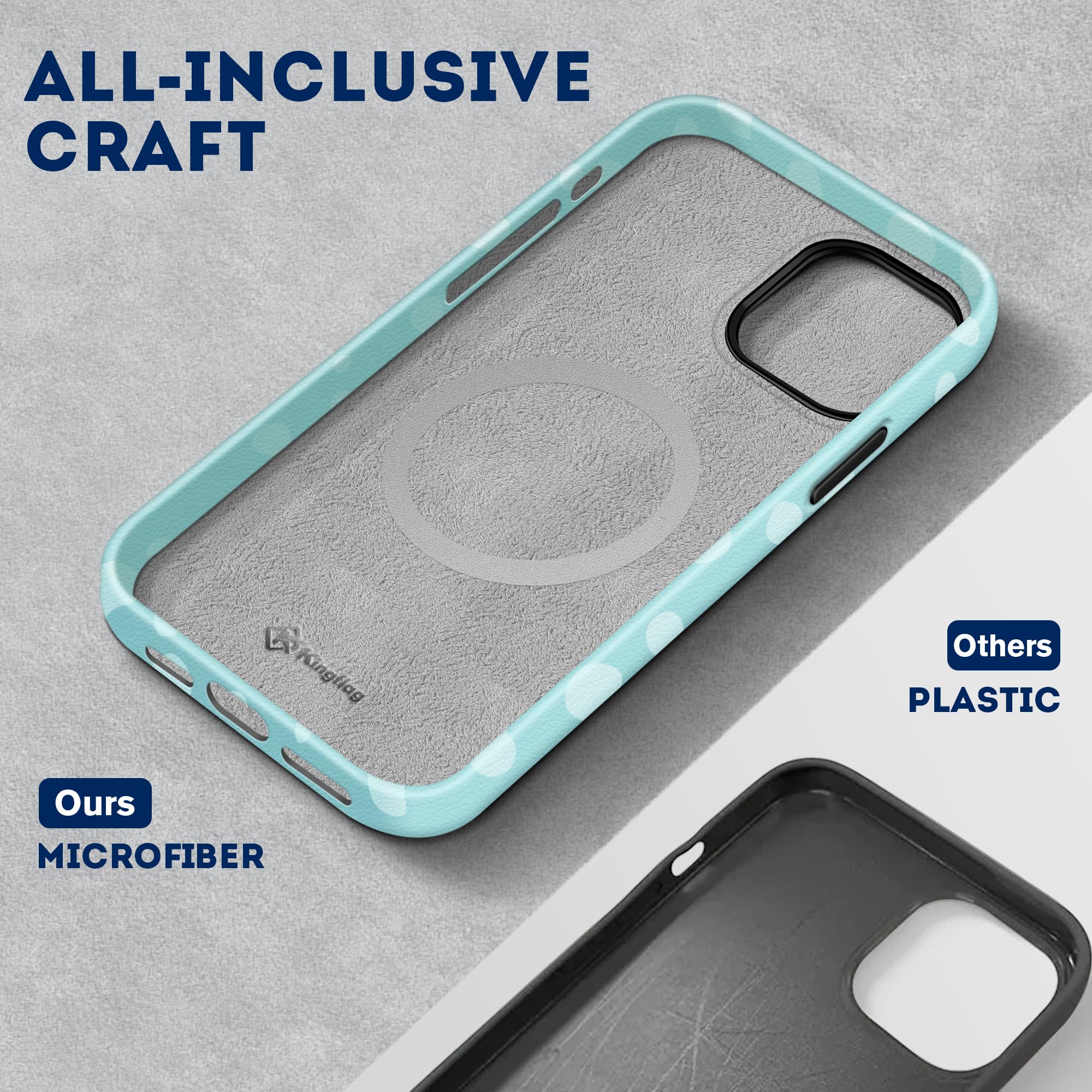 kingflag Vegan Leather Magnetic Case for iPhone 15 Pro Max Wireless Charging, Metal Buttons, Shockproof Protective Phone Case Cover for Women Men 6.7" (Teal with White Dots)