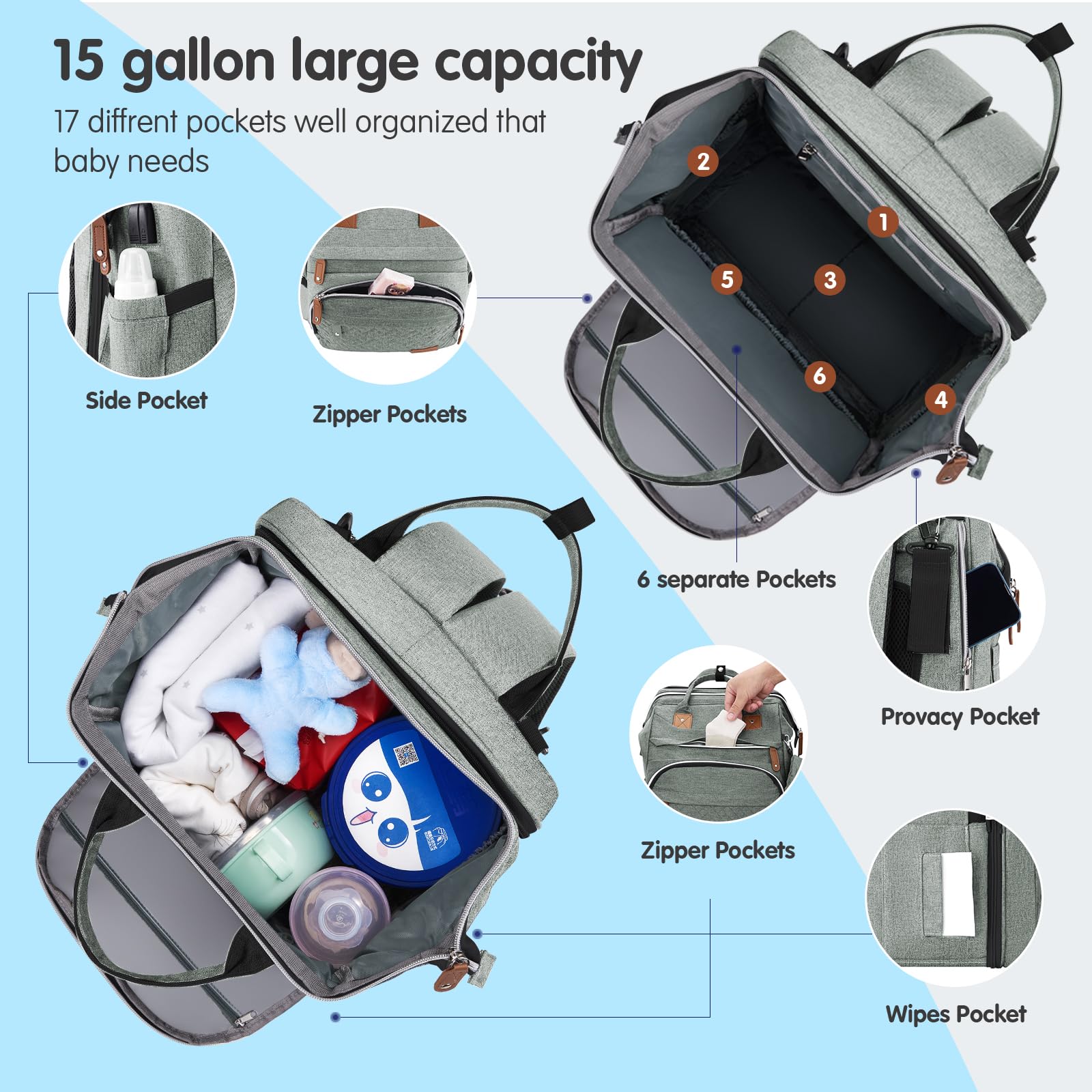 DERJUNSTAR Baby Diaper Bag Backpack with ChangingStation-Large Capacity Baby Bag for Boys & Girls, USBCharging Port, Pacifier Case, sunshade & Toy Bar,Waterproof, Ash Grey
