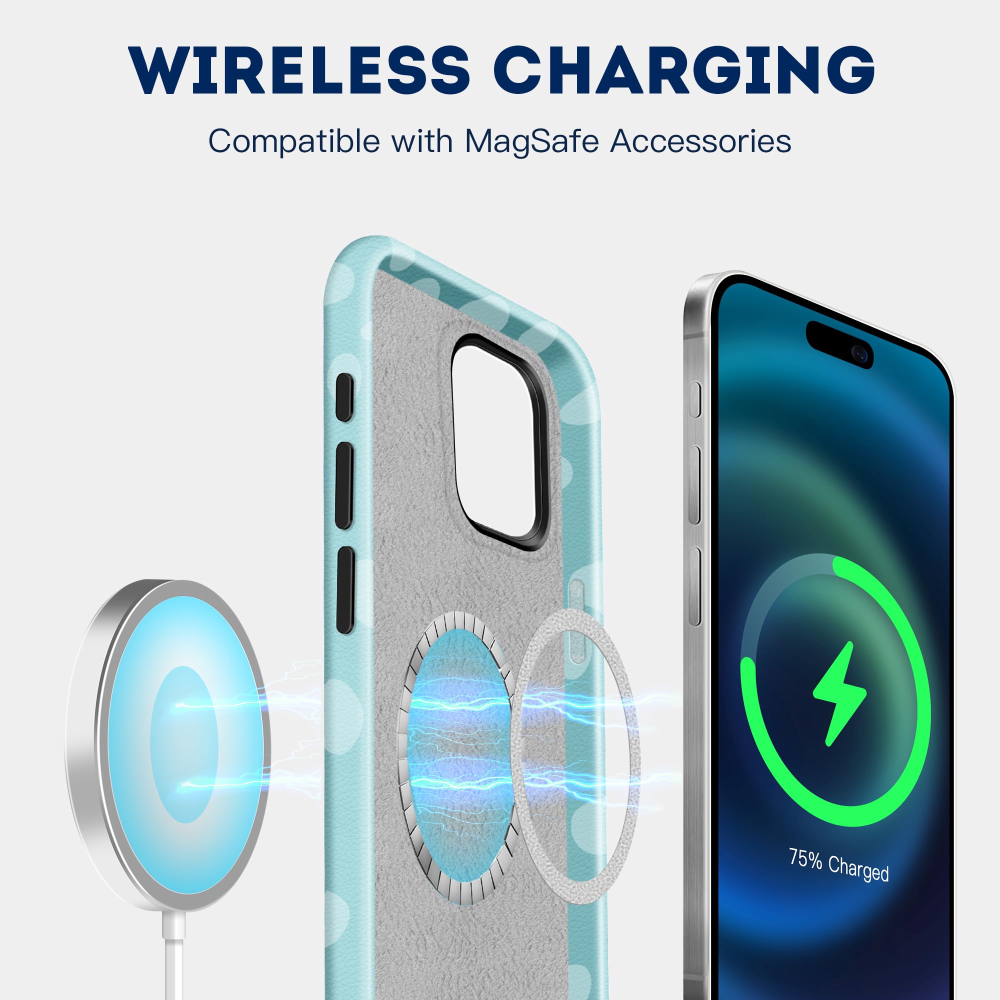 kingflag Vegan Leather Magnetic Case for iPhone 15 Pro Max Wireless Charging, Metal Buttons, Shockproof Protective Phone Case Cover for Women Men 6.7" (Teal with White Dots)