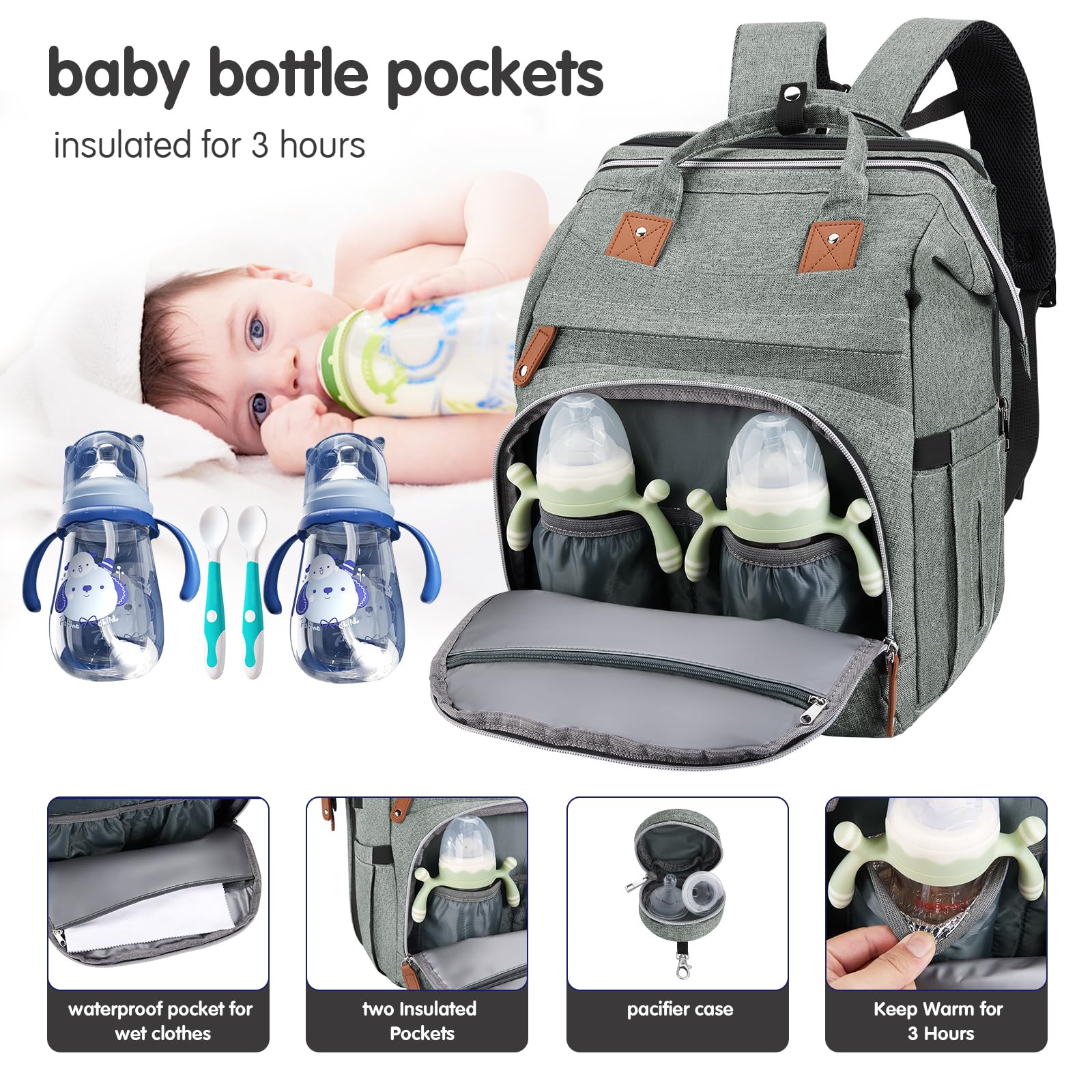 DERJUNSTAR Baby Diaper Bag Backpack with ChangingStation-Large Capacity Baby Bag for Boys & Girls, USBCharging Port, Pacifier Case, sunshade & Toy Bar,Waterproof, Ash Grey