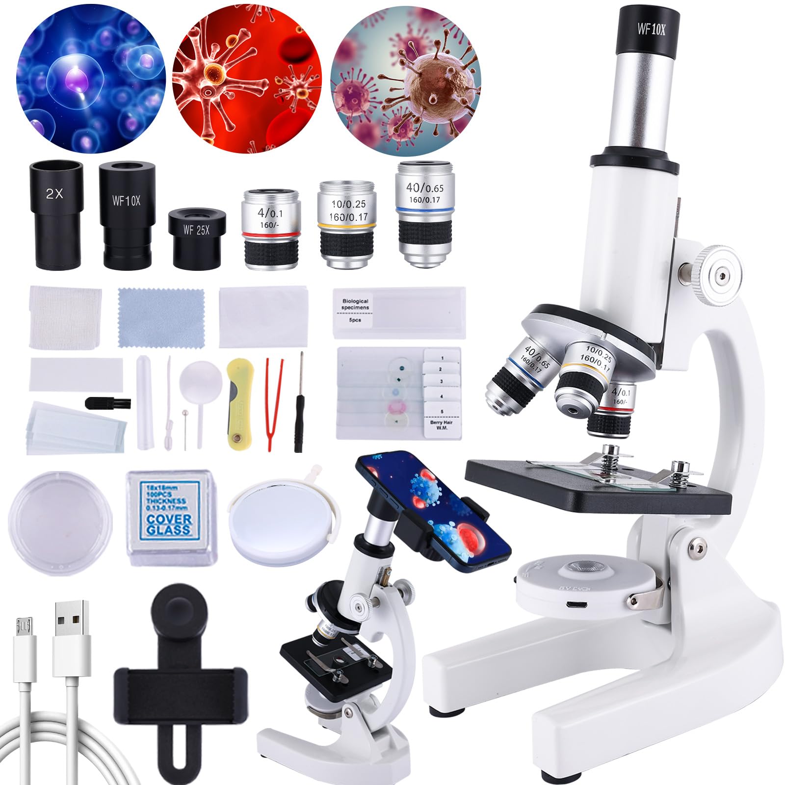 Microscope for Kids,40X-2000X Compound Microscope Mobile Phone Adapter with Microscope Slide Microscope kit for Home School Laboratories for Children Students