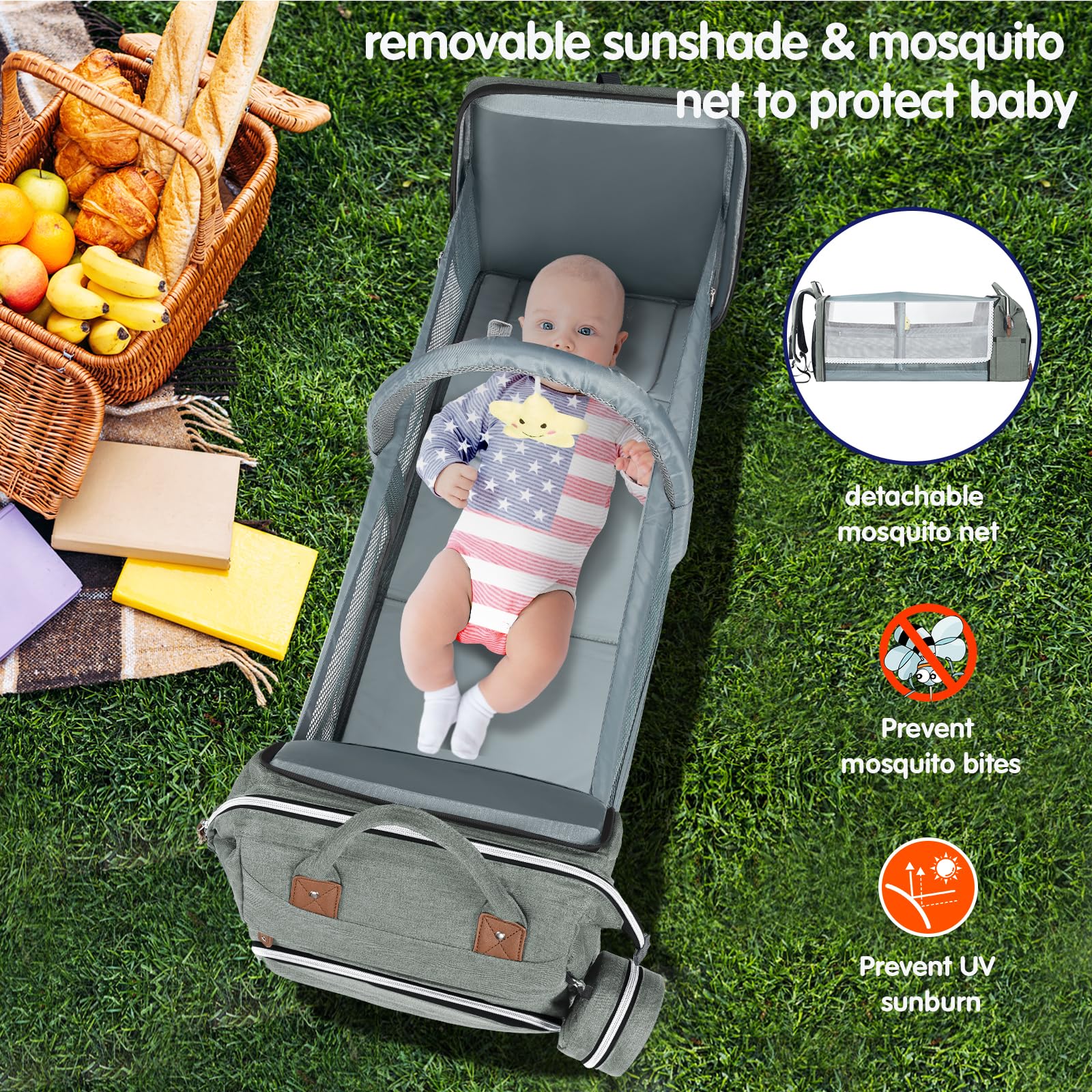 DERJUNSTAR Baby Diaper Bag Backpack with ChangingStation-Large Capacity Baby Bag for Boys & Girls, USBCharging Port, Pacifier Case, sunshade & Toy Bar,Waterproof, Ash Grey