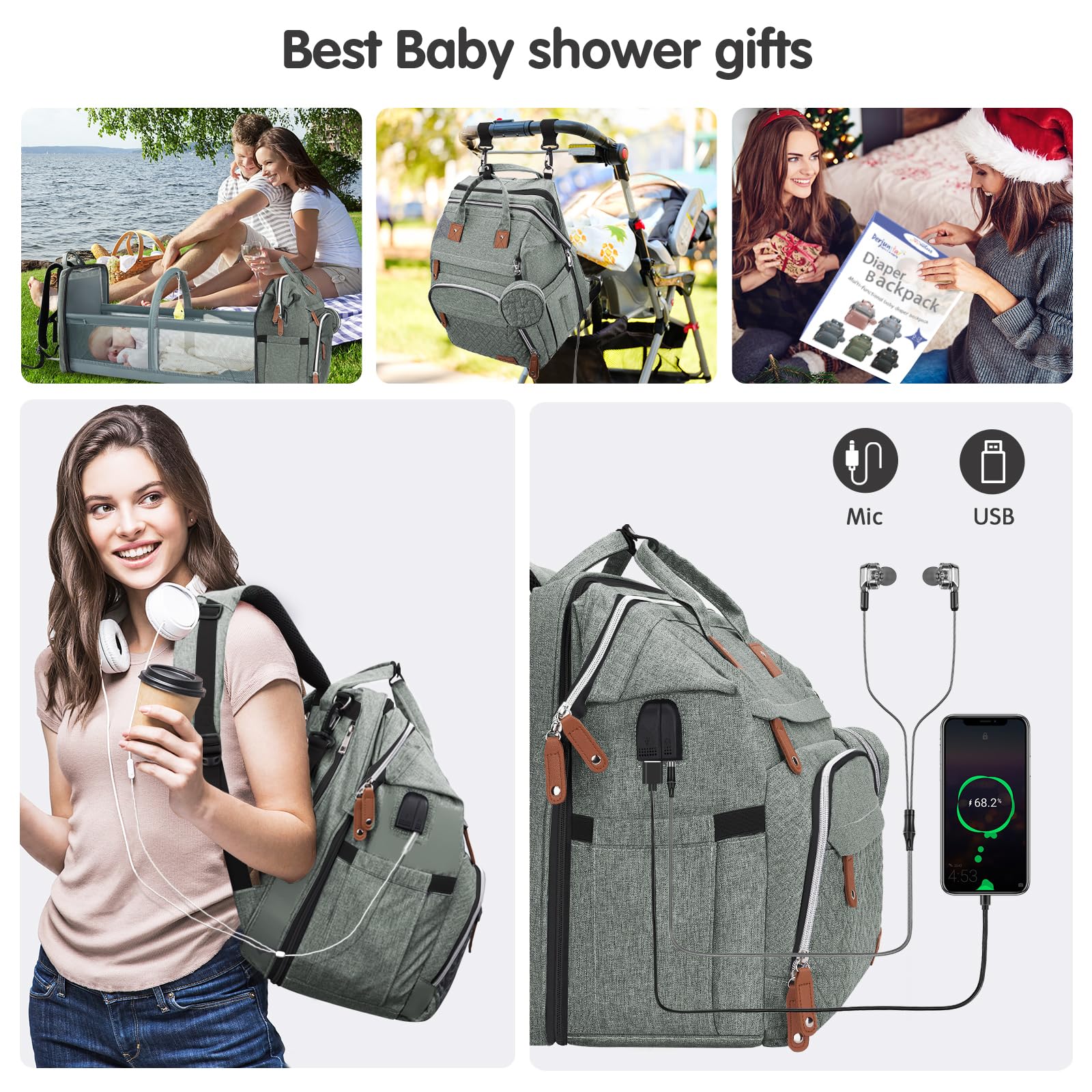 DERJUNSTAR Baby Diaper Bag Backpack with ChangingStation-Large Capacity Baby Bag for Boys & Girls, USBCharging Port, Pacifier Case, sunshade & Toy Bar,Waterproof, Ash Grey