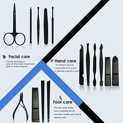 ONME Manicure Set, 15pcs Stainless Steel Nail Clipper Pedicure Professional Grooming Kit, Includes Cuticle Remover with Travel Case Beauty Care Tools Gift For Women Men (Black)