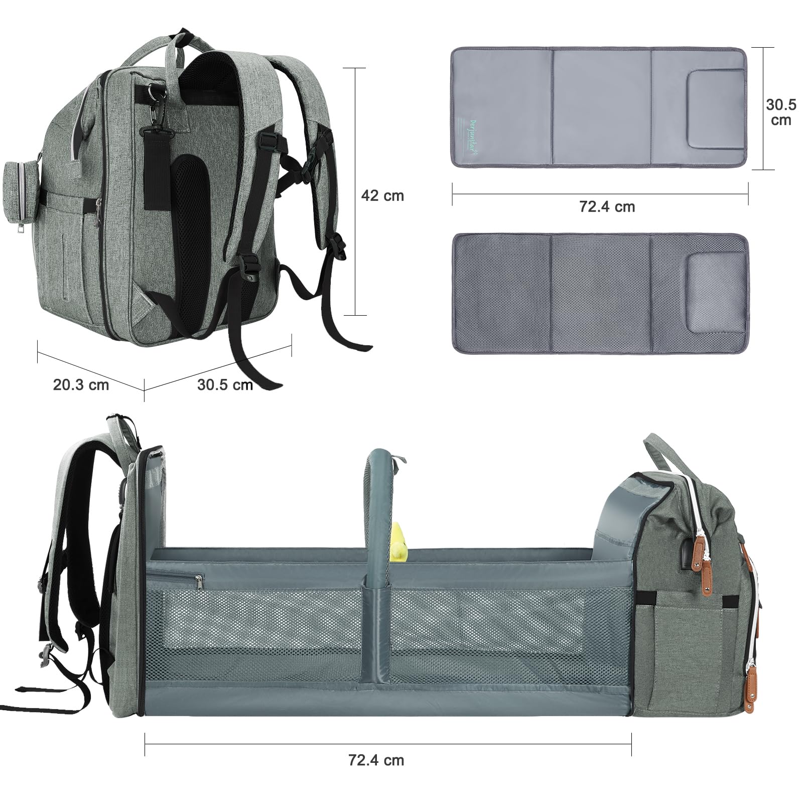 DERJUNSTAR Baby Diaper Bag Backpack with ChangingStation-Large Capacity Baby Bag for Boys & Girls, USBCharging Port, Pacifier Case, sunshade & Toy Bar,Waterproof, Ash Grey