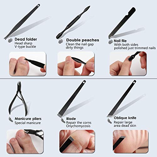 ONME Manicure Set, 15pcs Stainless Steel Nail Clipper Pedicure Professional Grooming Kit, Includes Cuticle Remover with Travel Case Beauty Care Tools Gift For Women Men (Black)
