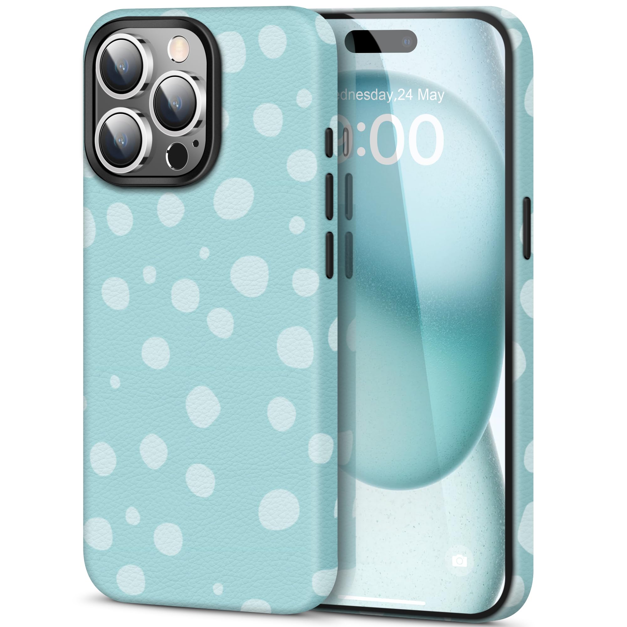 kingflag Vegan Leather Magnetic Case for iPhone 15 Pro Max Wireless Charging, Metal Buttons, Shockproof Protective Phone Case Cover for Women Men 6.7" (Teal with White Dots)