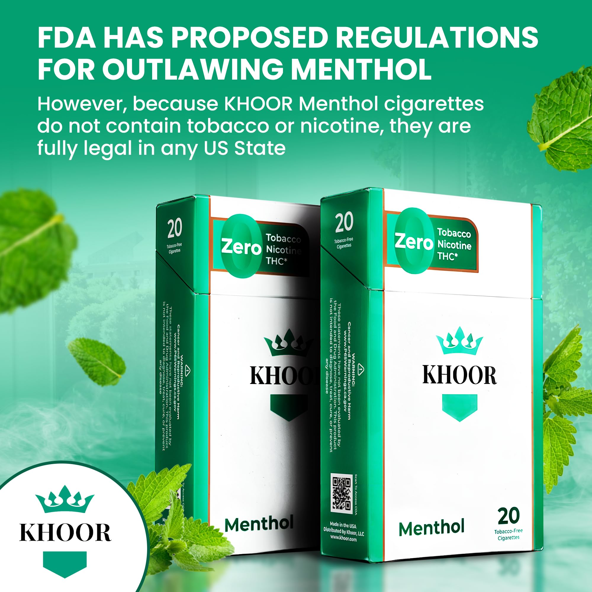 KHOOR Herbal Cigarettes - 2 Packs Menthol Flavor, Herbal Cigarette Alternative for Smokers Seeking a Tobacco & Nicotine-Free Cigarette Alternative, Non-Nicotine and Refreshing (40 smokes)