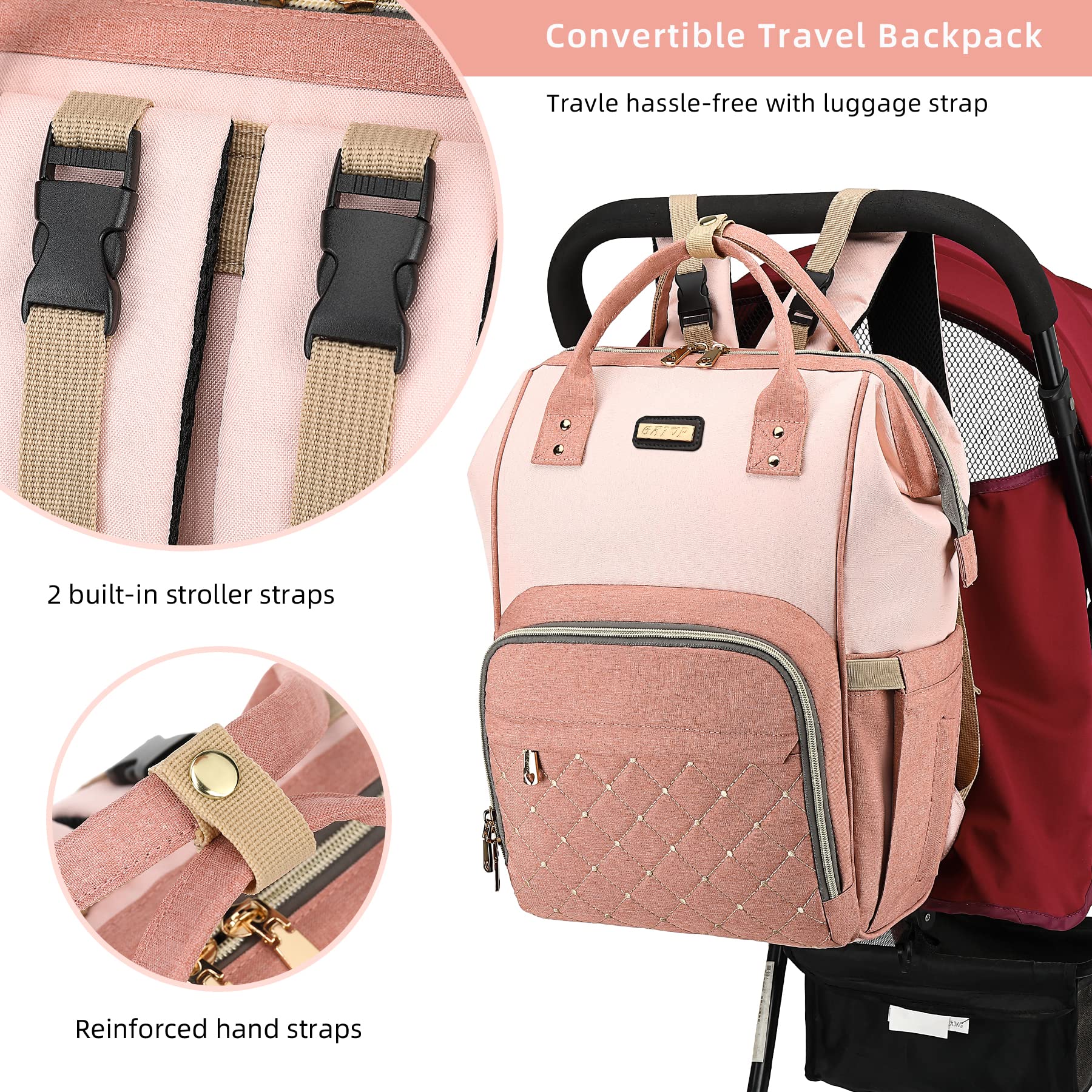 Diaper Bag Backpack, Diaper Bags For Baby Girls Boys, Baby Bags For Moms Dads, Baby Nappy Changing Bag With Insulated Pockets,Multi-Functional Waterproof Backpack With Stroller Straps -Pink light pink