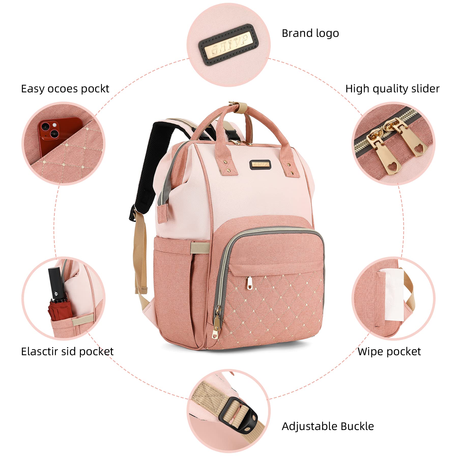 Diaper Bag Backpack, Diaper Bags For Baby Girls Boys, Baby Bags For Moms Dads, Baby Nappy Changing Bag With Insulated Pockets,Multi-Functional Waterproof Backpack With Stroller Straps -Pink light pink