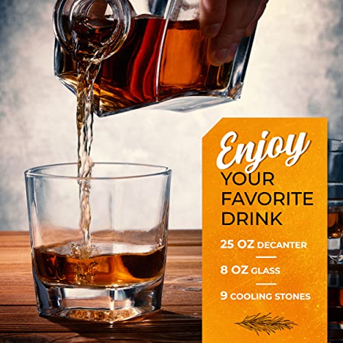 Whiskey Decanter Set for Men with 4 Drinking Glasses and 9 Whisky Stones β Christmas Gift 2023 β (Old Fashion Glass 25 oz. and Modern Glass 25 oz.)