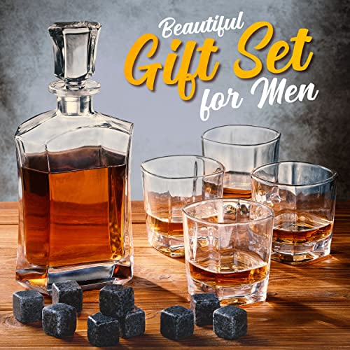 Whiskey Decanter Set for Men with 4 Drinking Glasses and 9 Whisky Stones β Christmas Gift 2023 β (Old Fashion Glass 25 oz. and Modern Glass 25 oz.)
