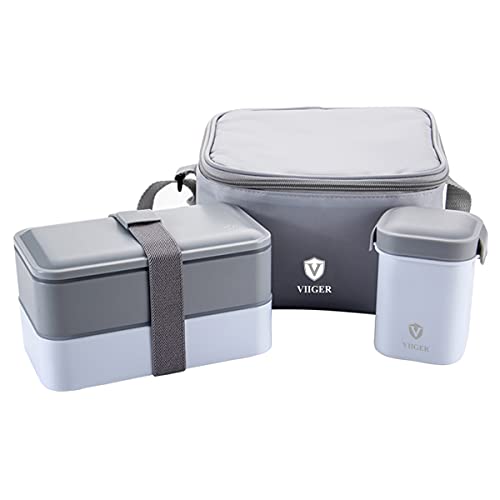 Back to School Students Adults Lunch Box for Men Japanese Bento Box 2 Tier Lunchbox Stackable Food Container with Built-in Utensil Set Insulated Lunch Bag Soup Mug Compartment for Office Work Camping