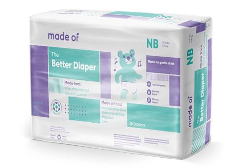 MADE OF The Better Baby Diapers - Hypoallergenic Diapers for Sensitive Skin, Unscented, 10 Hour Absorbency - Pediatrician and Dermatologist Tested - Size 0 (144 Count)