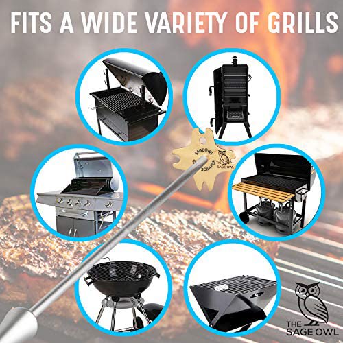The Sage Owl Standard Brass BBQ Grill Scraper with Handle and Extra Portable Standard Stainless Steel Grill Cleaner Tool - Stocking Stuffers Men