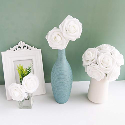 Artificial Flowers 25pcs White Real Looking Foam Rose Fake Flowers with Stem/Leaves for DIY Wedding Bouquets Centerpieces Floral Arrangments Home Party Decorations